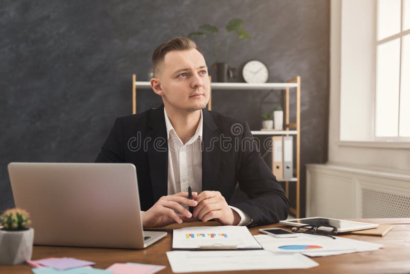 Thoughtful Man is Reading Report in Office Stock Photo - Image of ...