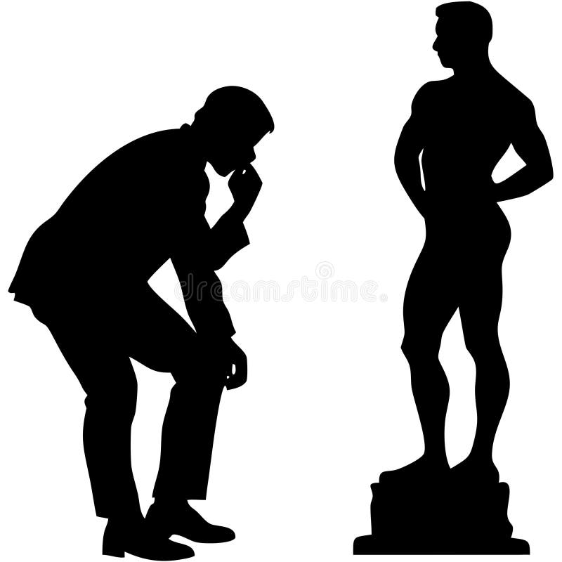 Thoughtful Man in Silhouette Observing Classical Statue Symbolizing Art ...