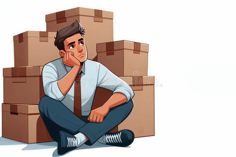 A Thoughtful Man Sitting Near Cardboard Boxes. Space for Text. Stock ...