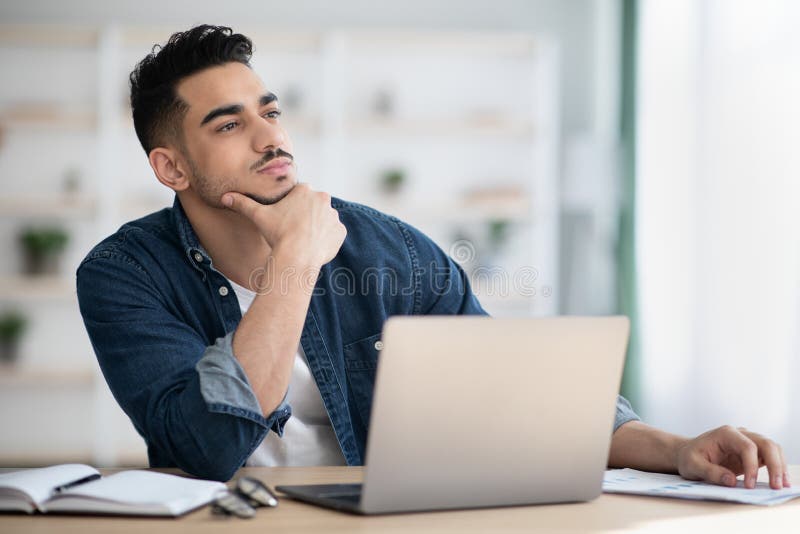 Thoughtful Man Sitting in Office and Looking at Copy Space Stock Image ...