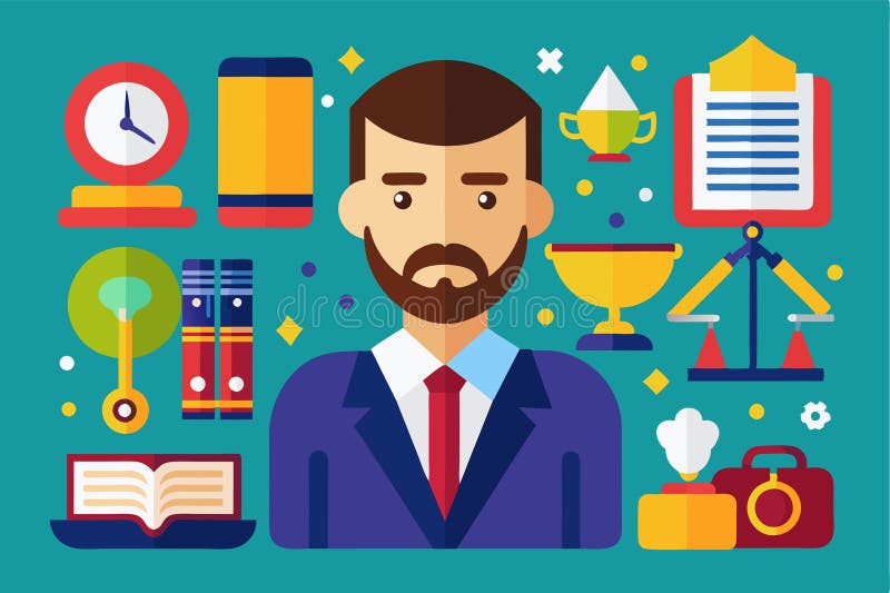 A Thoughtful Man Stands Amidst Various Office Symbols Representing ...