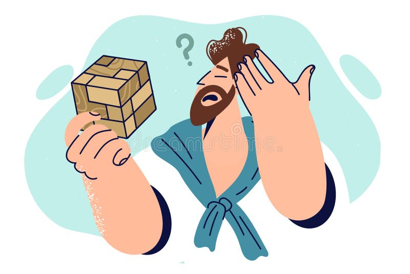 Thoughtful Man with Wooden Puzzle Scratches Head Trying To Solve ...