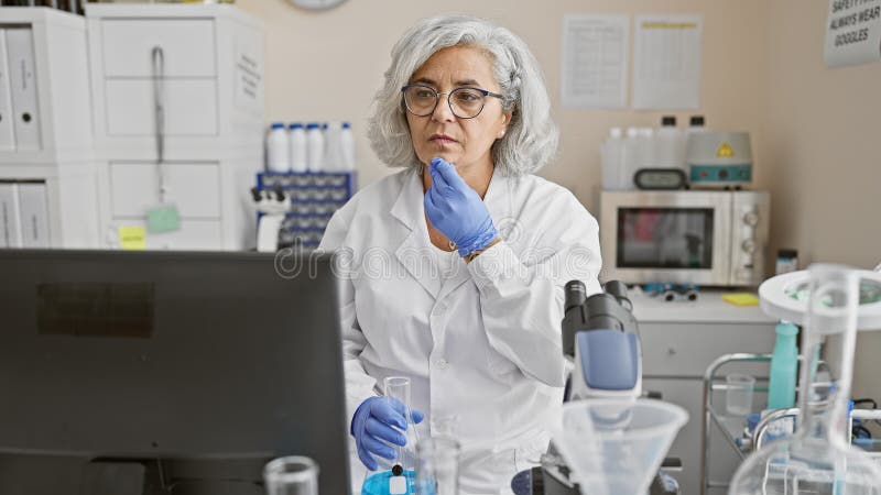 A Thoughtful Mature Woman Scientist Analyzing Samples in a Laboratory ...