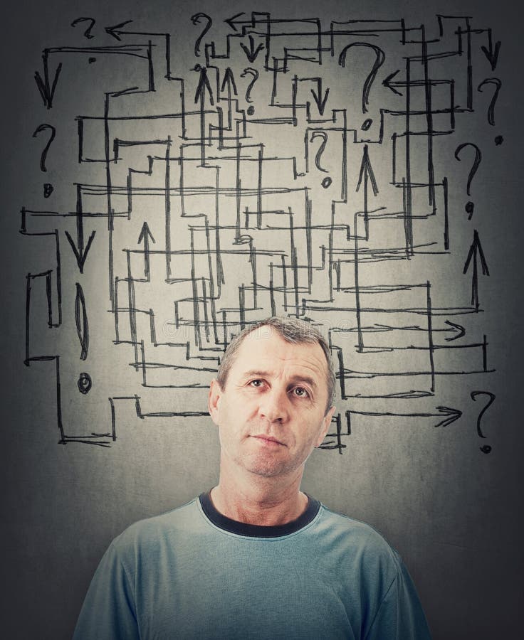 Thoughtful Middle Aged Man, Looking Up Pensive. Senior Male Thinking of ...