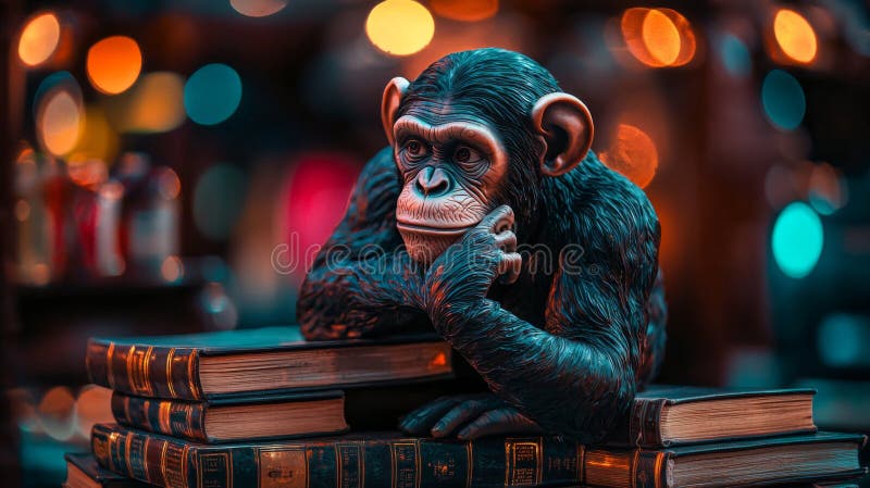 A Thoughtful Monkey Relaxes on Old Books in a Cozy, Dim Library with ...