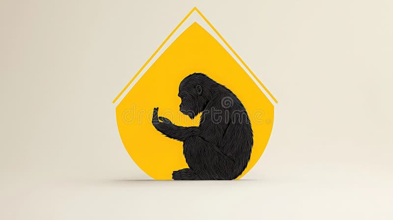 Thoughtful Monkey Silhouette on Yellow Background with Geometric Shape ...