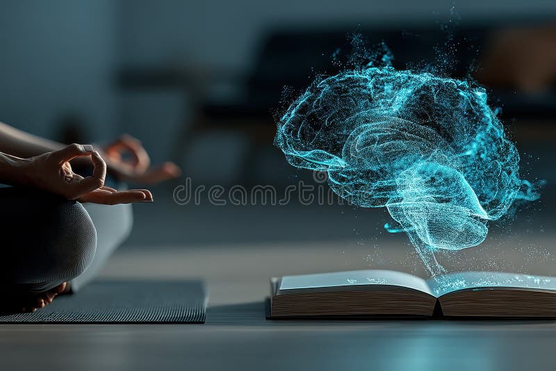 Thoughtful Person Meditating in Front of Open Book with Abstract Brain ...