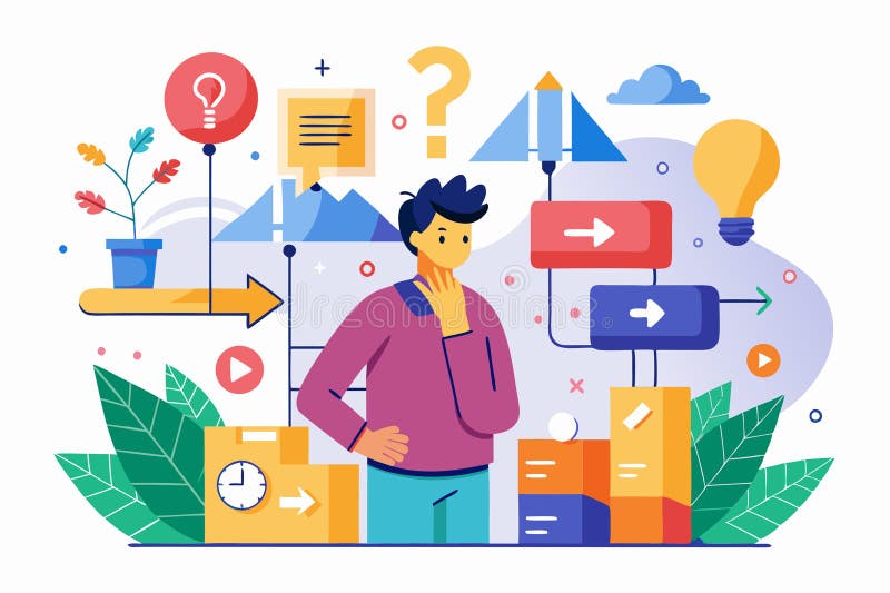 A Thoughtful Person Stands Amidst Symbols and Graphics Representing ...