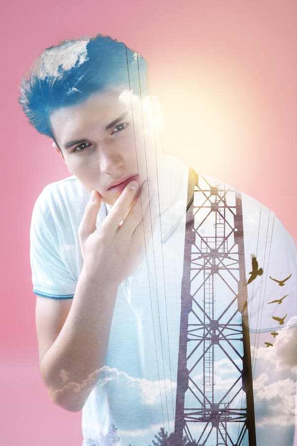 Thoughtful Pleasant Man Looking at the Electricity Wires Stock Photo ... Thoughtful Pleasant Man Looking at the Electricity Wires Stock Photo ...