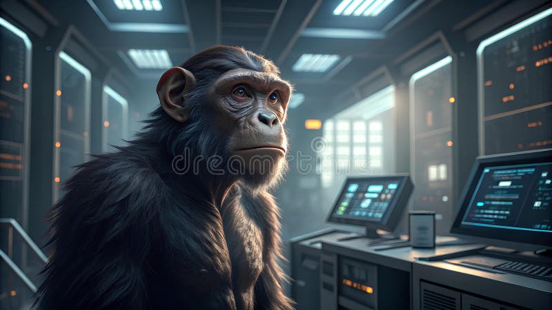 Thoughtful Primate in Futuristic Laboratory Setting Explores ...