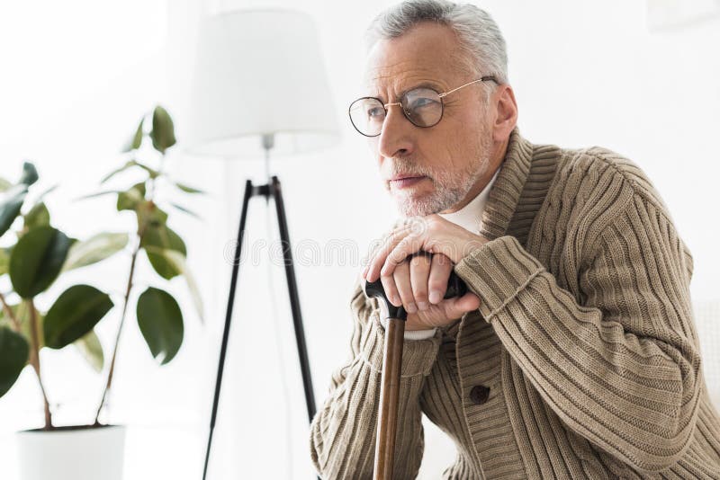 Retired Man in Glasses Holding Walking Stick Stock Image - Image of ...