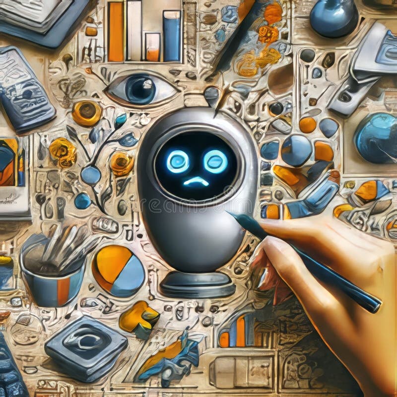 A Thoughtful Robot with Glowing Blue Eyes, Surrounded by Abstract ...