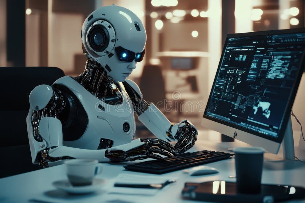 Thoughtful Robot Sitting at Desk and Working on Computer while ...