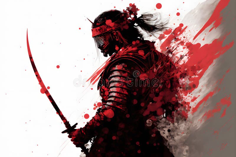 A Thoughtful Samurai in Armor Stands in Profile Against the Abstract ...