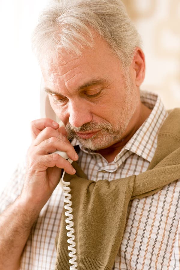 Thoughtful Senior Mature Man Call on Phone Stock Image - Image of grey ...