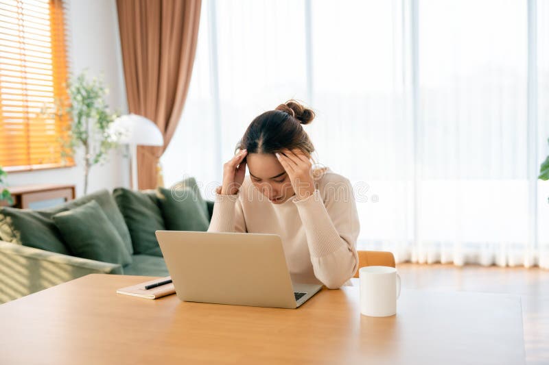 Thoughtful Tired Woman Working on Laptop Computer Looking on Screen ...