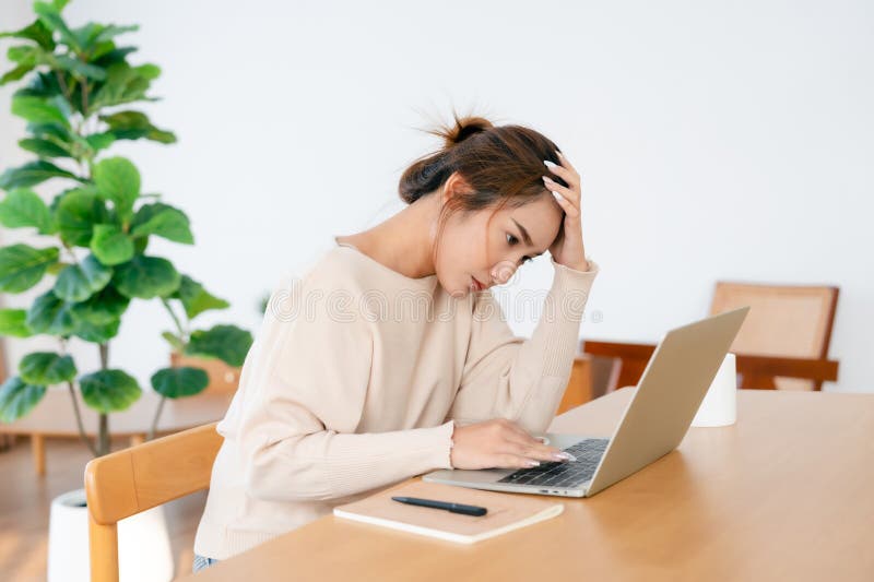 Thoughtful Tired Woman Working on Laptop Computer Looking on Screen ...