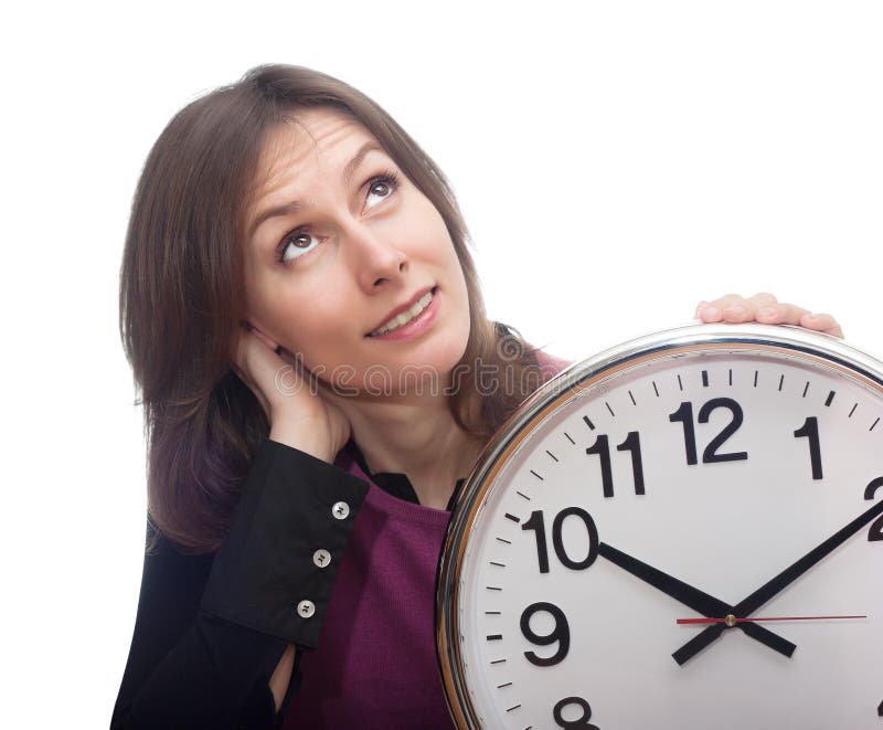 Thoughtful Woman Clock Time Isolated White Stock Photo - Image of ...