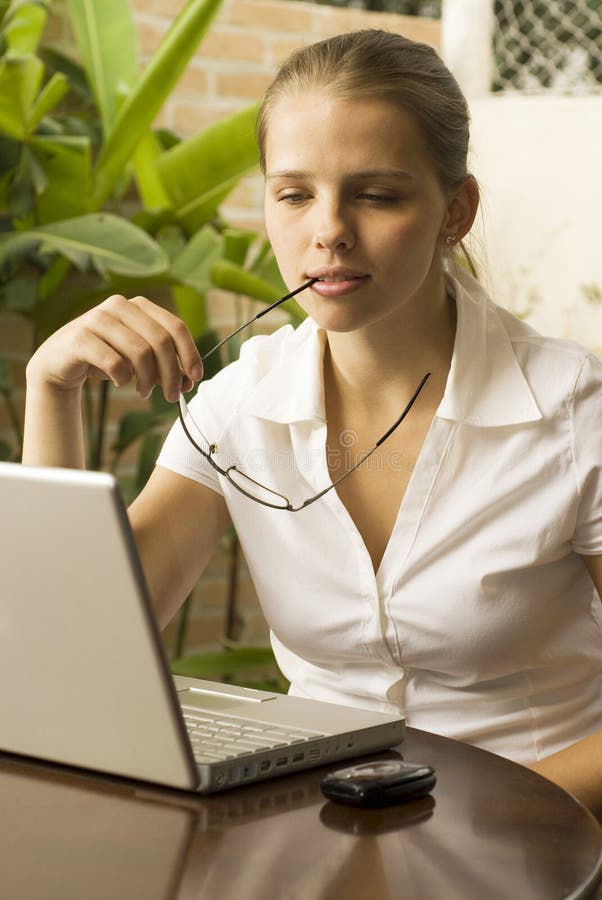 Thoughtful Woman at Computer Stock Image - Image of uninterested ...