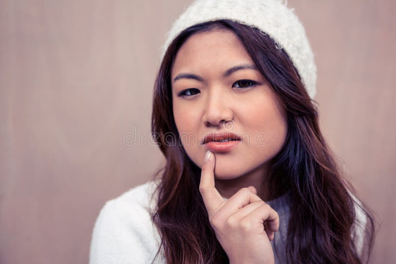 Thoughtful Woman with Finger on Chin Stock Image - Image of long ...