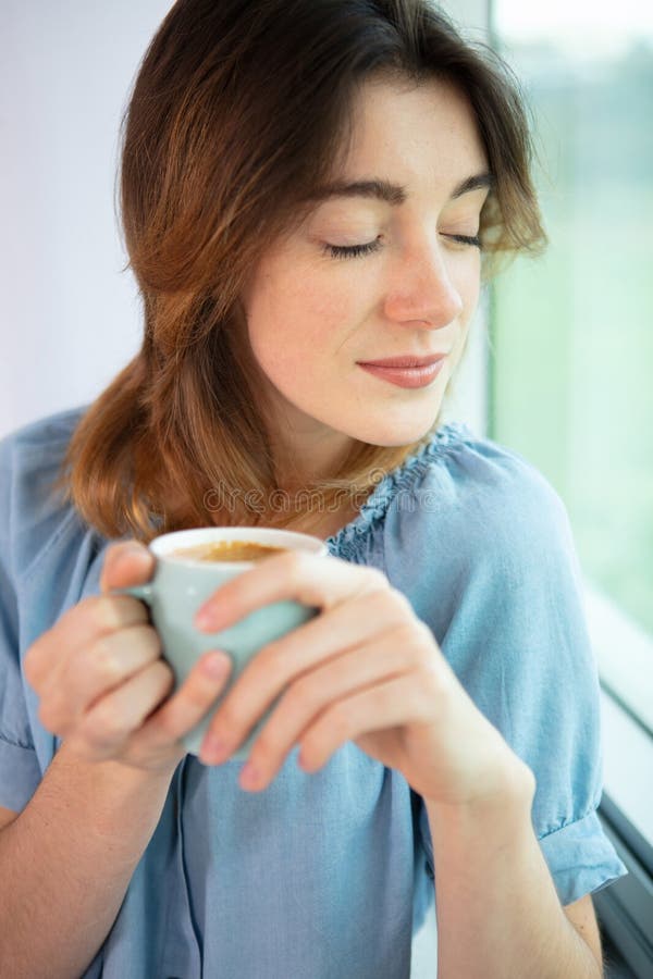 Thoughtful Woman Sitting in Cafeteria Stock Image - Image of relax ...