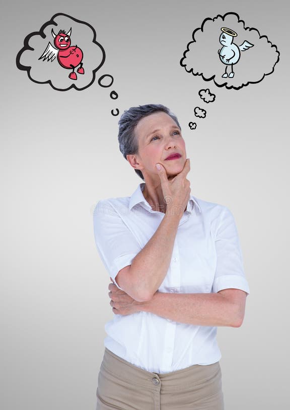 Thoughtful Woman Standing between the Good and Bad Conscience Stock ...
