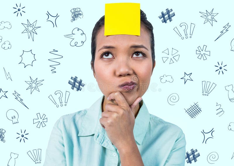 Thoughtful Woman with Sticky Note on Her Forehead Stock Image - Image ...