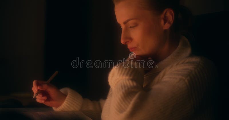 Thoughtful Woman Working Late at Night in the Office Thinking and ...