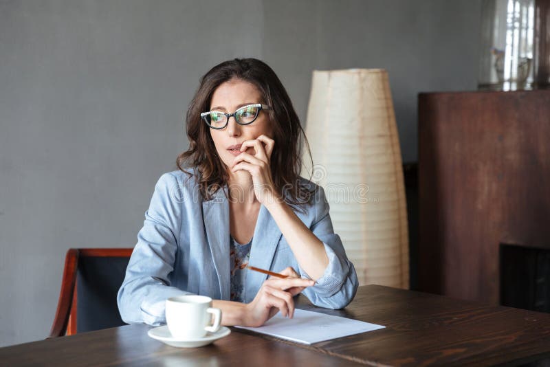 Thoughtful Woman Writer Sitting Indoors Stock Image - Image of creative ...