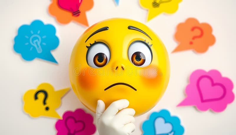 Thoughtful Yellow Emoticon with Creative Thought Bubbles Stock ...