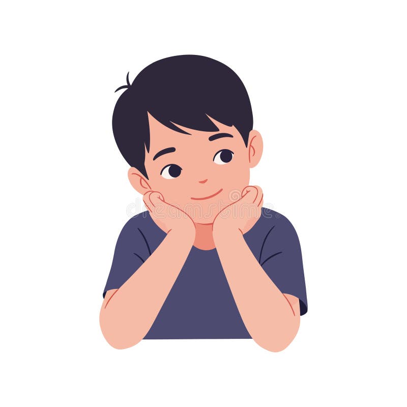 Thoughtful Young Boy with Chin Resting on Hands in Flat Vector ...