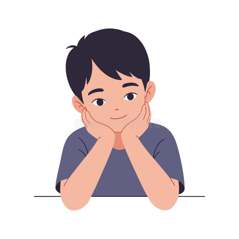 Thoughtful Young Boy with Hands on Chin in Minimal Flat Vector ...