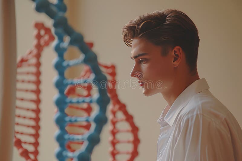 Thoughtful Young Man with a Backdrop of a Giant DNA Helix, Pondering ...