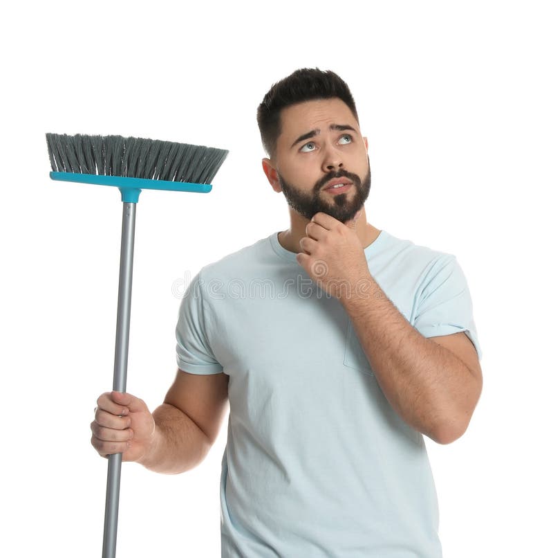 Thoughtful Young Man with Broom on White Background Stock Image - Image ...