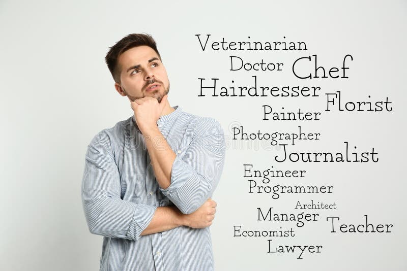 Thoughtful Young Man Choosing Profession on Background Stock Photo ...