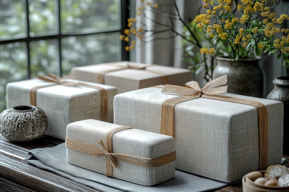 Thoughtfully Wrapped Packages on a Rustic Table Surrounded by Natural Textures and Greenery ...