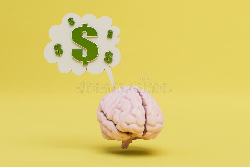 Thoughts of Money. a Brain and a Cloud with Dollar Icons on a Yellow ...