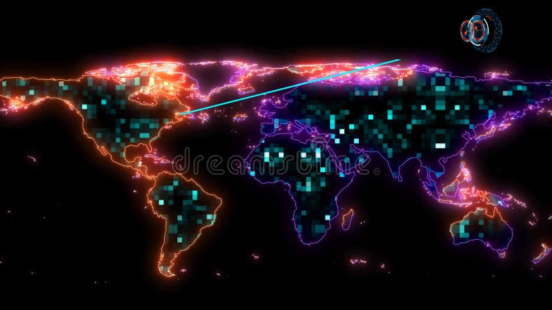 Thousand Digital Green Tiny Light Global Map with Sattellite on Bloack ...