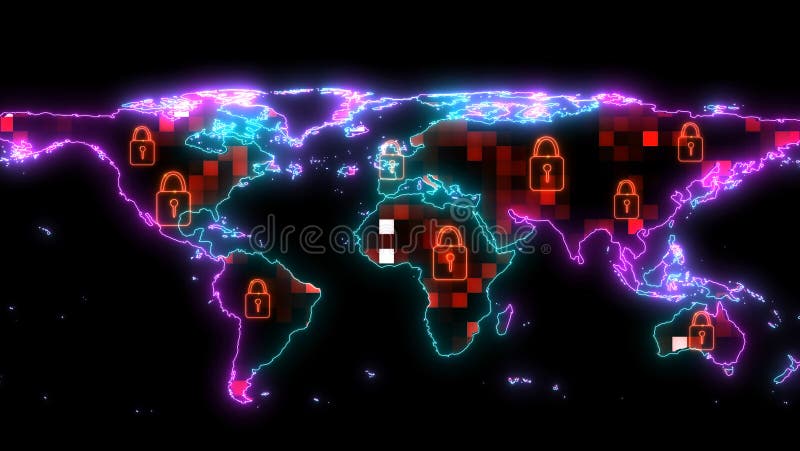 Thousand Digital Red Tone Data and Red Light Digital Lock on Global Map ...