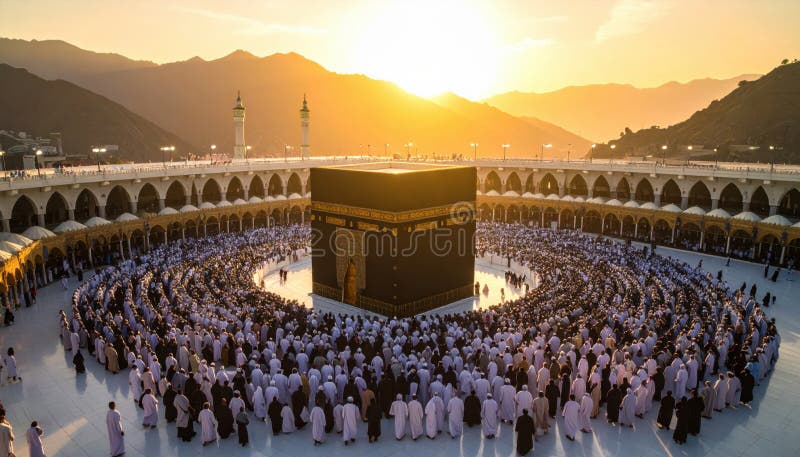 Thousands of Pilgrims Surrounding the Kaaba at Mecca during Sunset ...