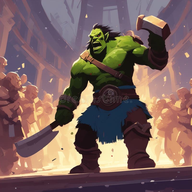 A Thrall Orc Gladiator in a Crowded Coliseum Screaming with an Ax in ...