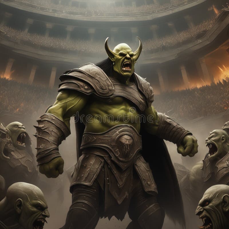 A Thrall Orc Gladiator in a Crowded Coliseum Screaming with an Ax in ...
