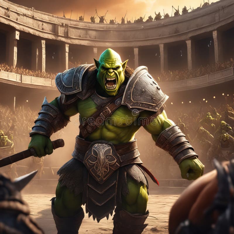 A Thrall Orc Gladiator in a Crowded Coliseum Screaming with an Ax in Hand, AI Generated Stock ...