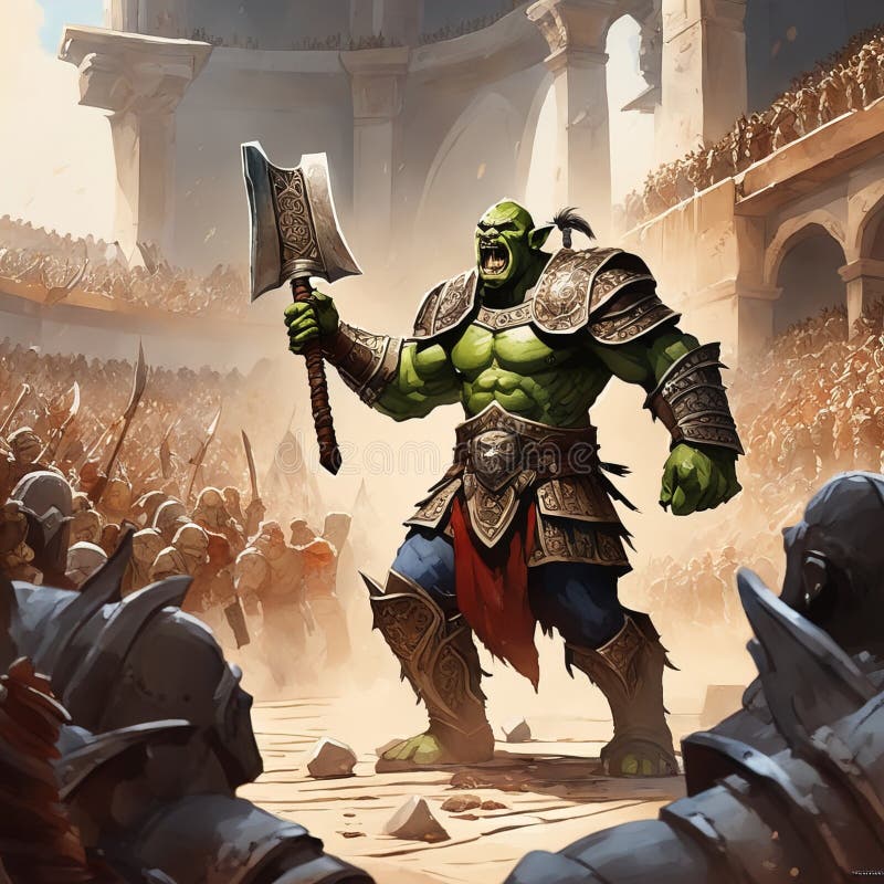 A Thrall Orc Gladiator in a Crowded Coliseum Screaming with an Ax in ...