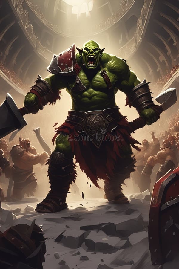 A Thrall Orc Gladiator in a Crowded Coliseum Screaming with an Ax in ...