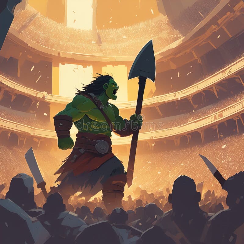 A Thrall Orc Gladiator in a Crowded Coliseum Screaming with an Ax in ...