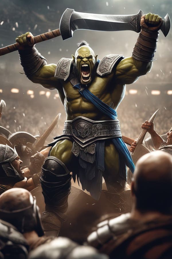 A Thrall Orc Gladiator in a Crowded Coliseum Screaming with an Ax in ...