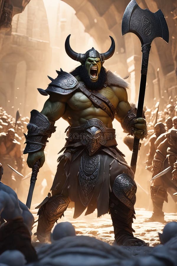A Thrall Orc Gladiator in a Crowded Coliseum Screaming with an Ax in ...