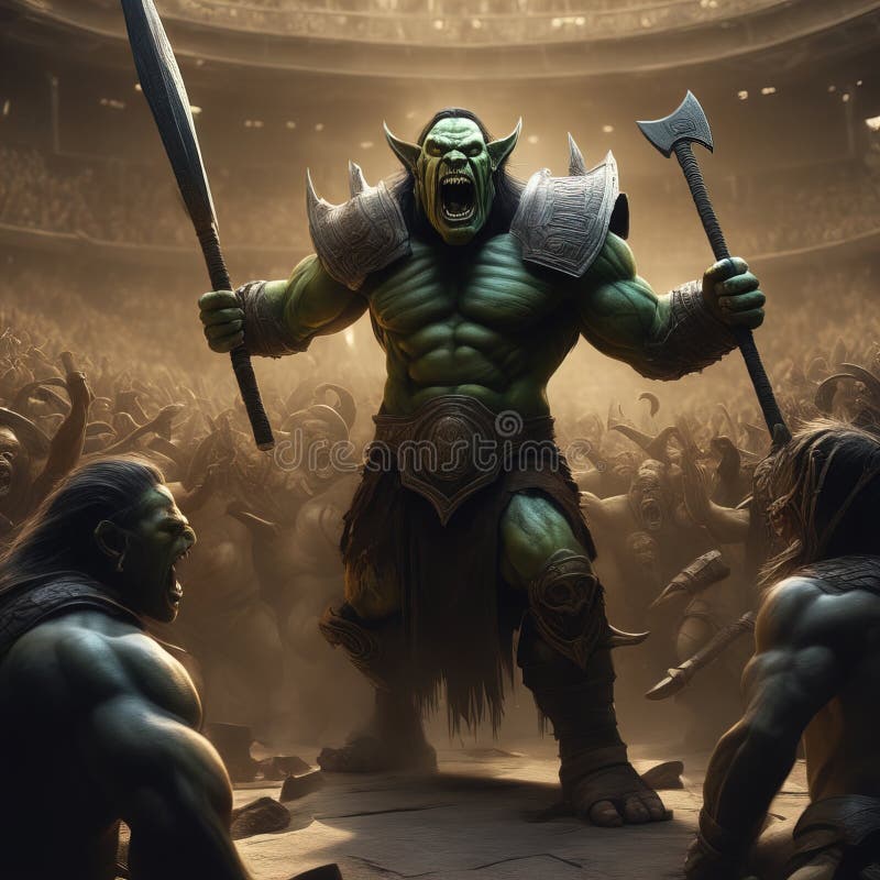 A Thrall Orc Gladiator in a Crowded Coliseum Screaming with an Ax in ...