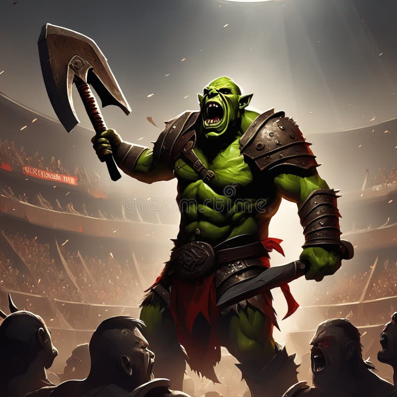 A Thrall Orc Gladiator in a Crowded Coliseum Screaming with an Ax in ...